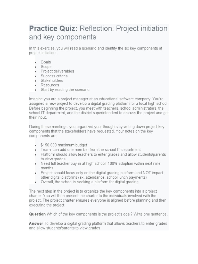 Practice Quiz Reflection Project Initiation and Key Components | PDF | Business