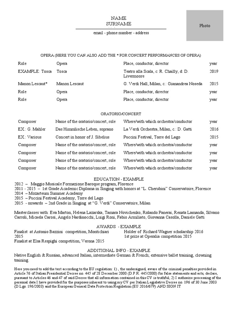 Structured Opera CV Template | PDF | Opera | Performing Arts