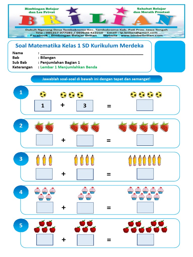 Soal Kurikulum Merdeka Kelas 1 SD Bab Bilangan Sub Bab 4 Penjumlahan Bagian 1 | PDF