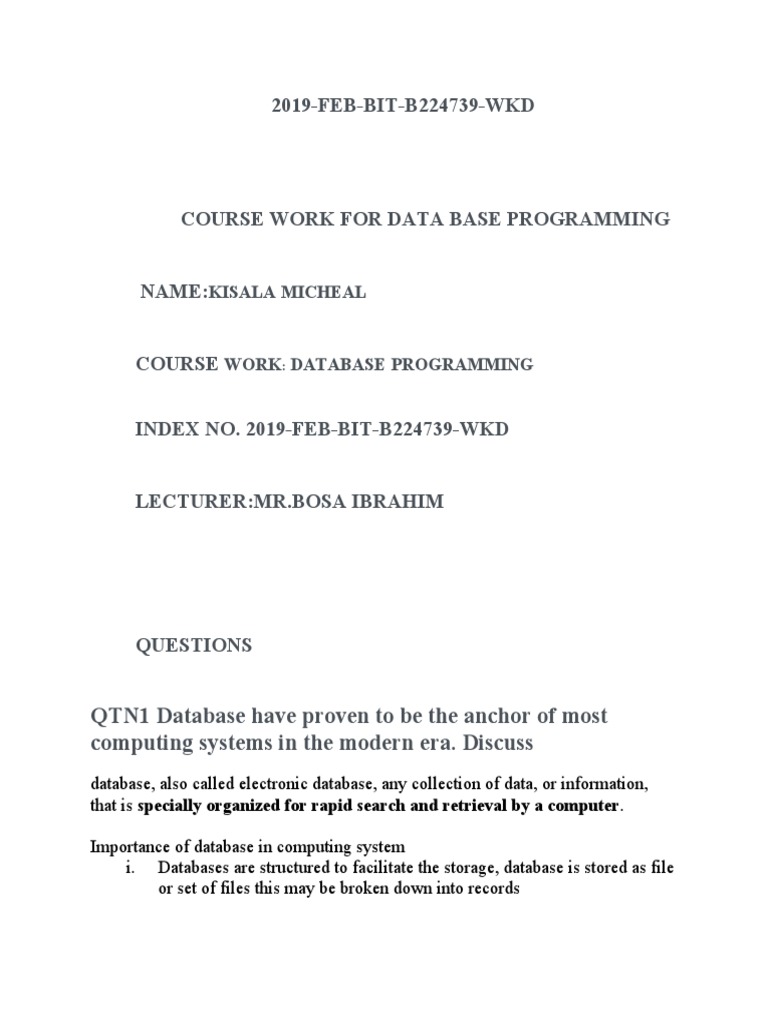 Course Work Database Programming | PDF | Databases | Relational Database Course Work Database Programming | PDF | Databases | Relational Database