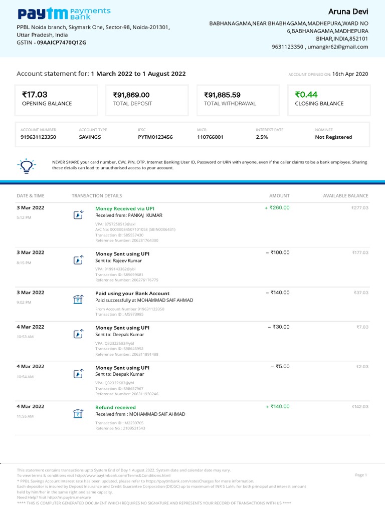 Paytm Bank Account Statement Summary | PDF | Deposit Account | Banks