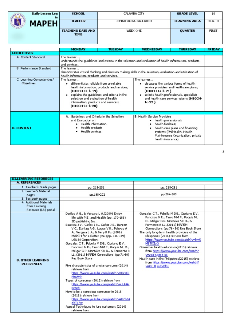 Q1 Grade 10 HEALTH DLL Week 1 | PDF | Learning | Teachers