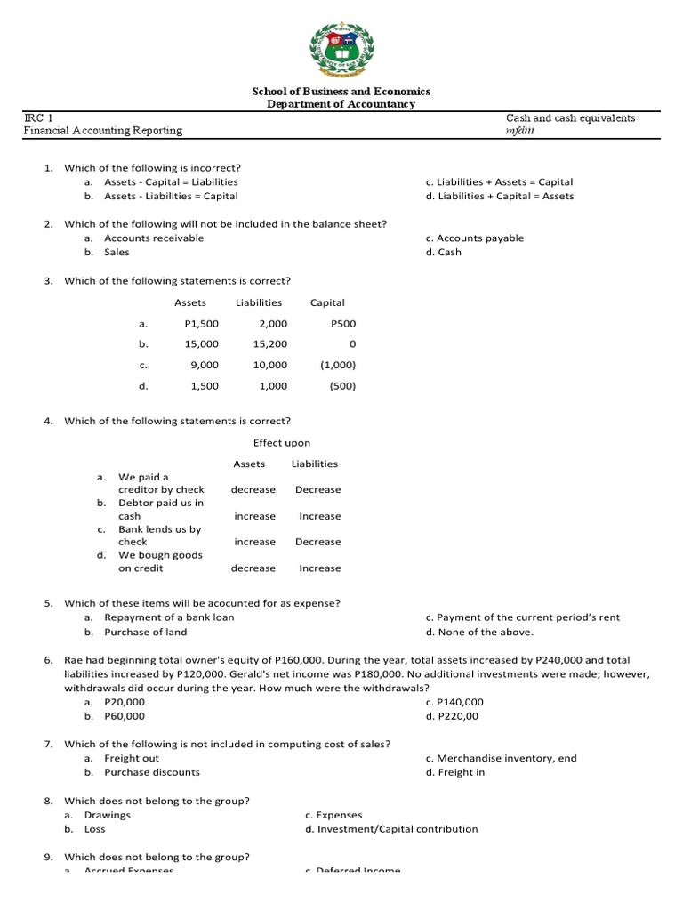 Financial Accounting Practice Questions | PDF | Debits And Credits ...