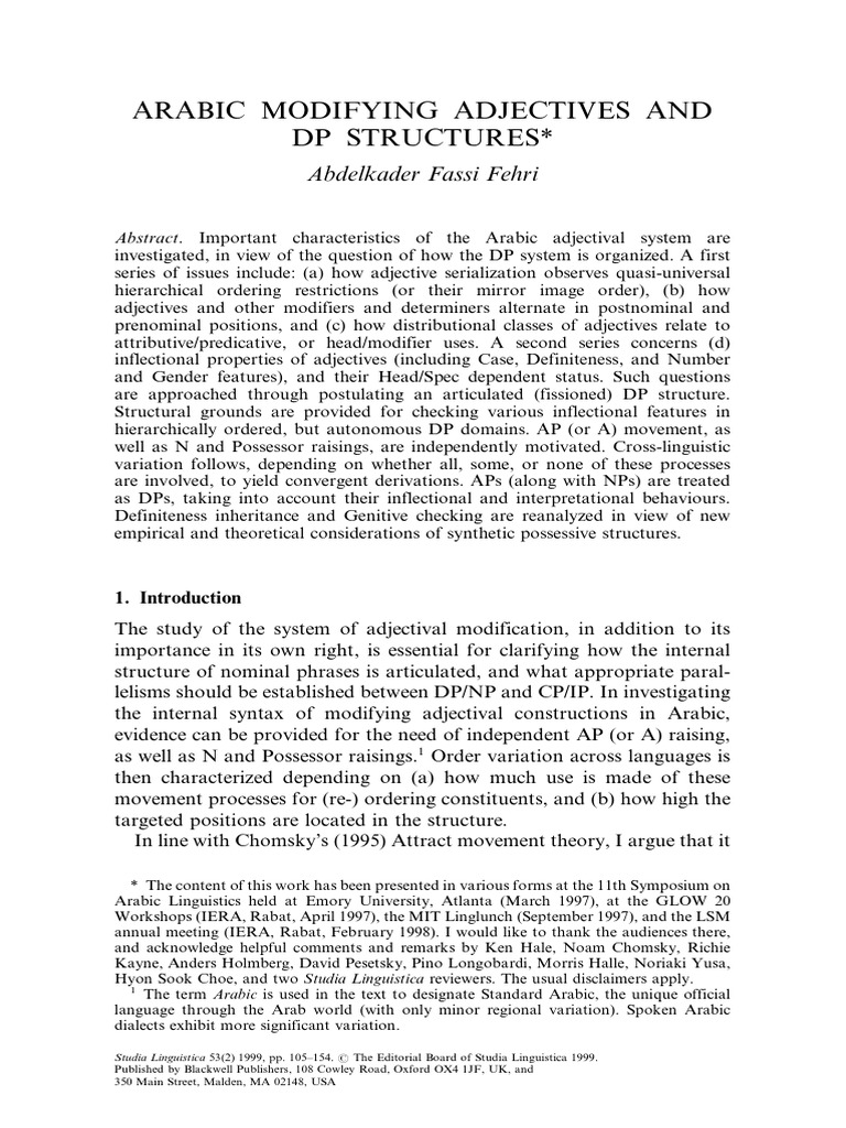 Abdelkader Fassi Fehri Arabic Modifying Adjectives and DP Structures | PDF | Adjective | Syntax