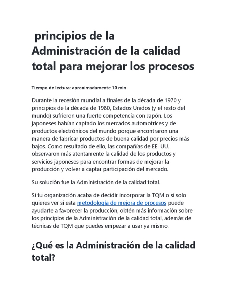Principios de La Administración de La Calidad Total para Mejorar Los Procesos | PDF | Calidad ...