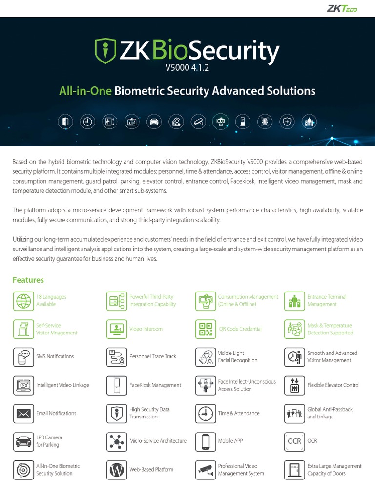 ZKBioSecurity V5000 Datasheet - 20220428 | PDF | Access Control | Qr Code