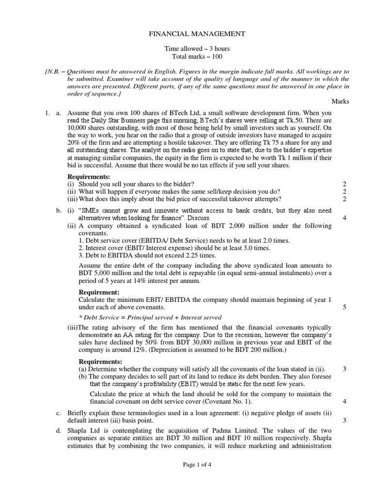 Financial Management Exam Questions | PDF | Debt | Investing