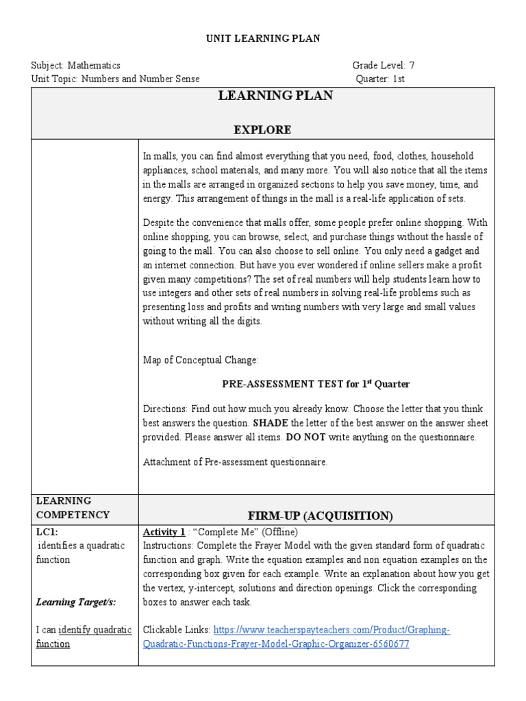Unit Learning Plan g7 | PDF | Quadratic Equation | Function (Mathematics)