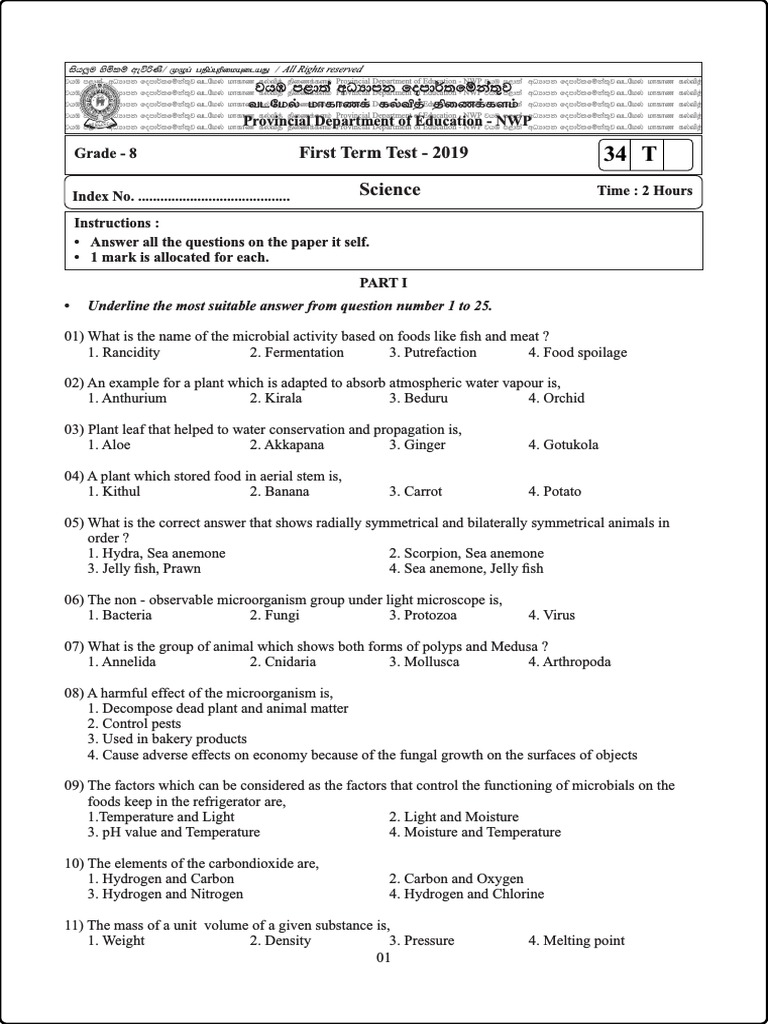 Grade 08 Science 1st Term Test Paper 2019 English Medium - North ...