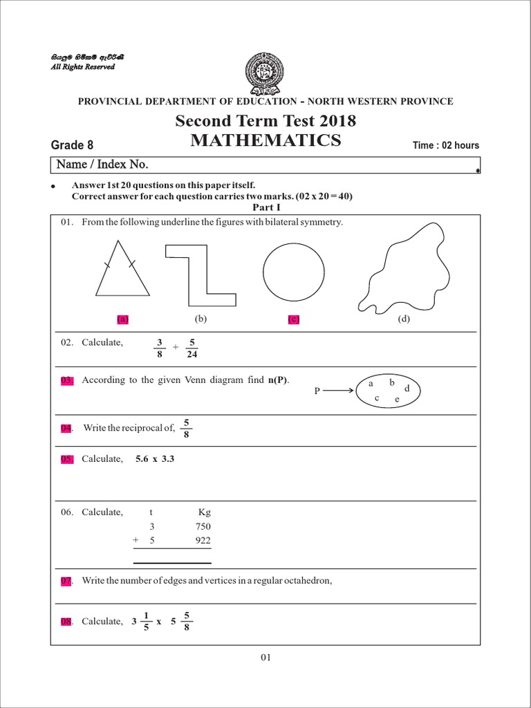 2018 Grade 08 Maths Second Term Paper With Answers English Medium North ...
