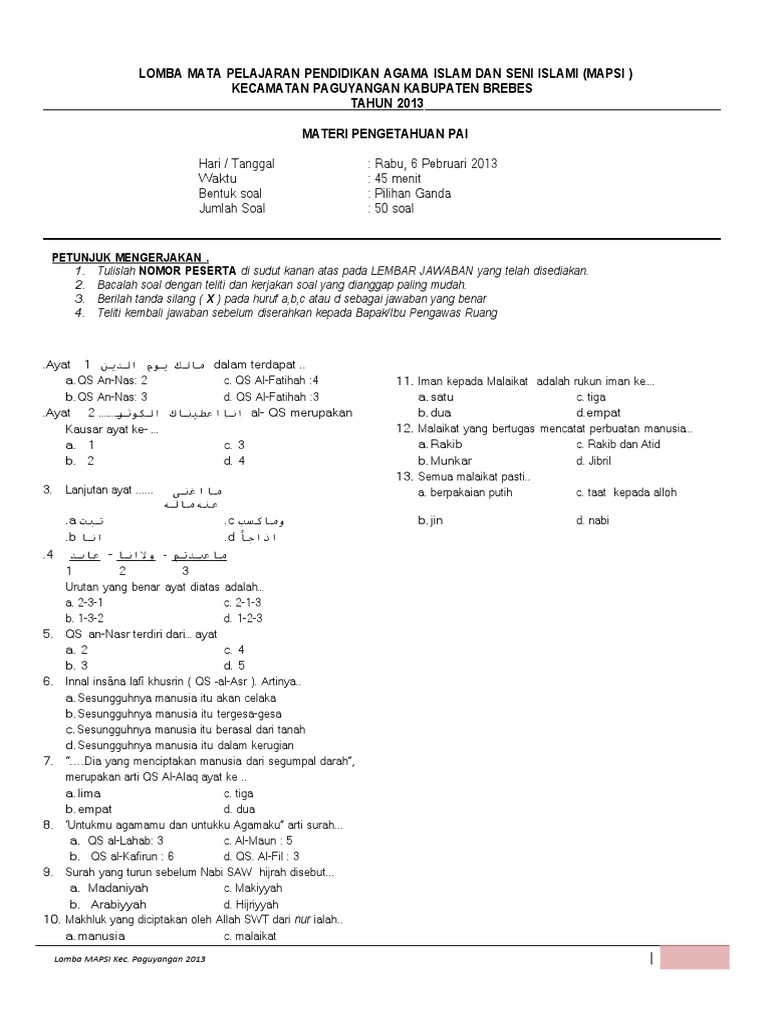 MAPSI NASKAH Soal PAI 013 | PDF