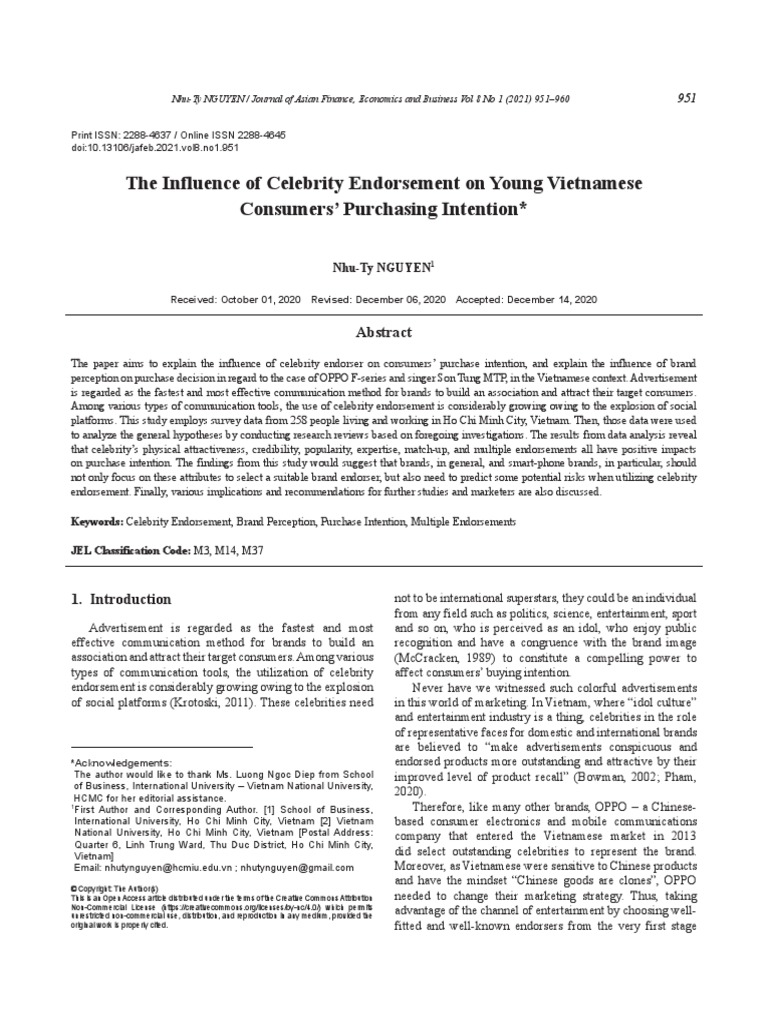 The Influence of Celebrity Endorsement On Young Vietnamese Consumers' Purchasing Intention | PDF ...