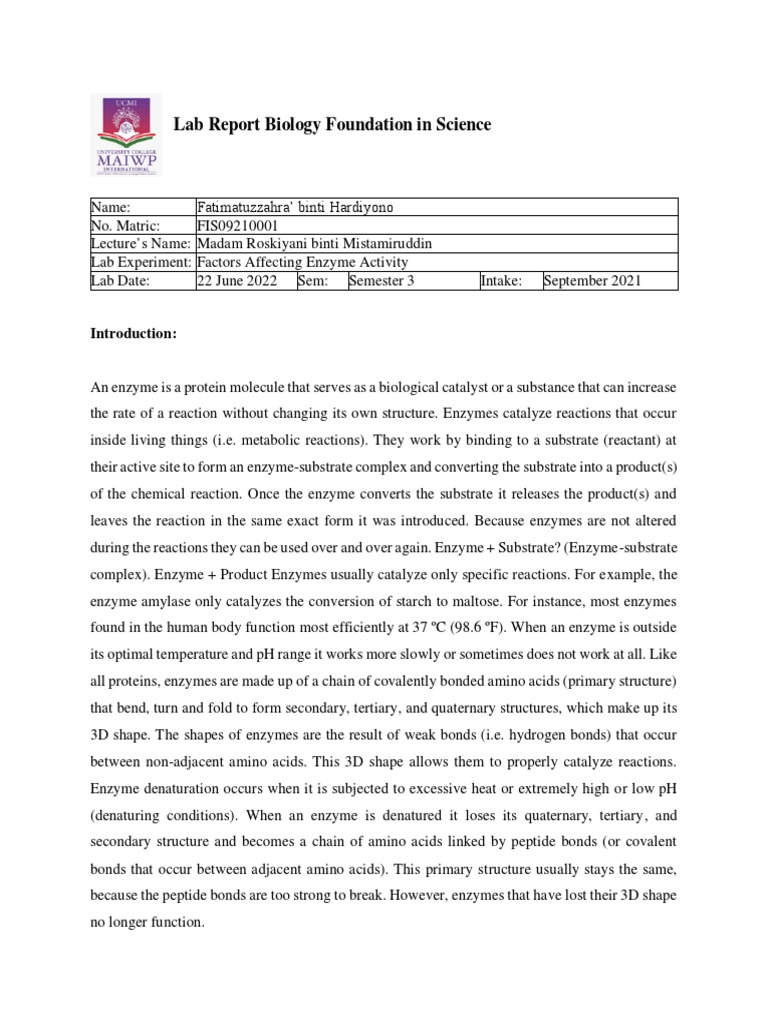 Experiment 2 - Enzyme Activity | PDF | Enzyme | Denaturation (Biochemistry)