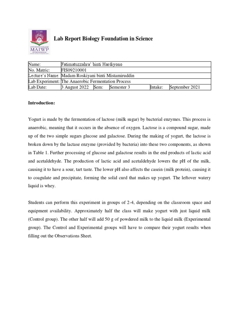 Yogurt Fermentation Experiment Report | PDF | Milk | Yogurt