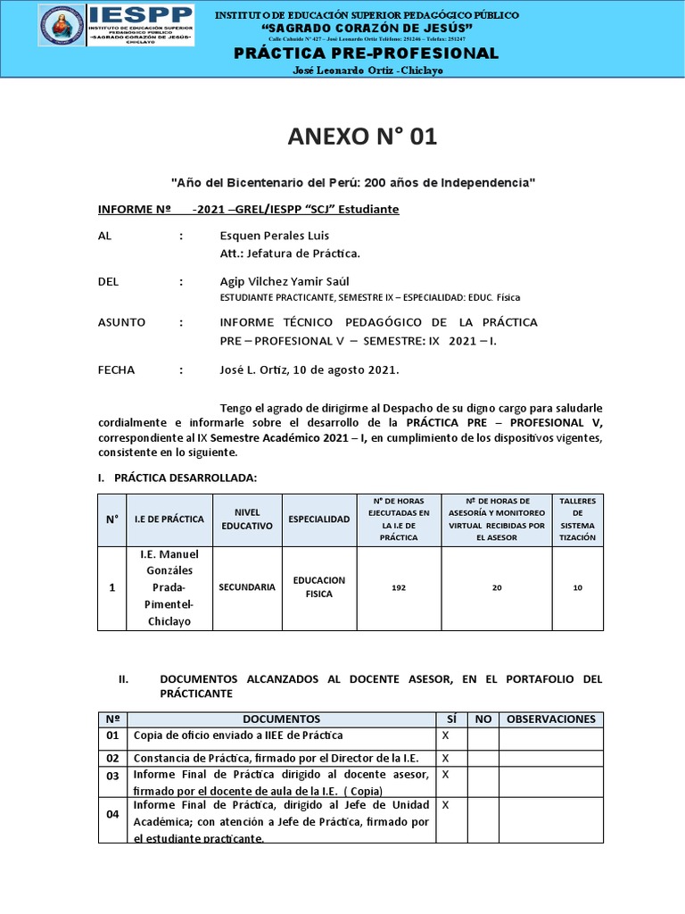 ANEXO 1. Informe Final de PRACTICA P.P. V 2021 | PDF | Evaluación