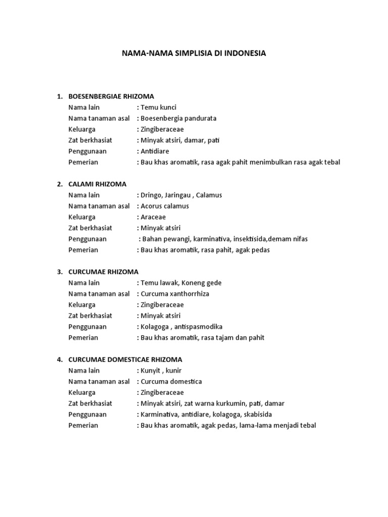 Nama Simplisia Rhizoma | PDF