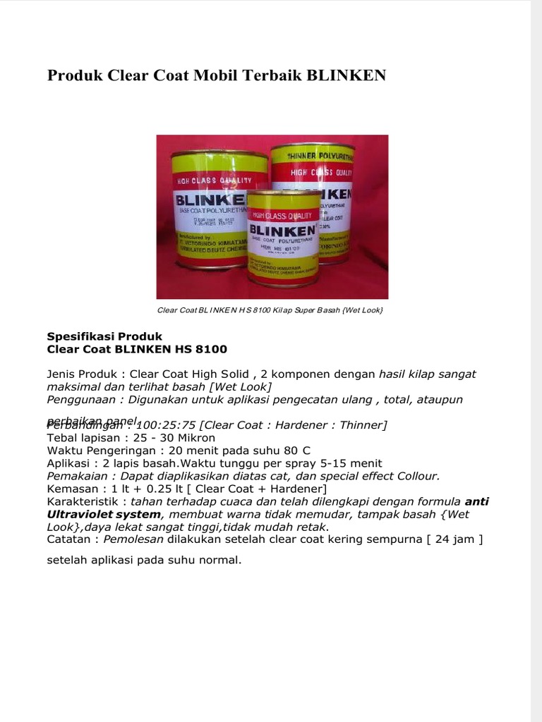 Dokumen - Tips Produk Clear Coat Mobil Terbaik Blinken | PDF