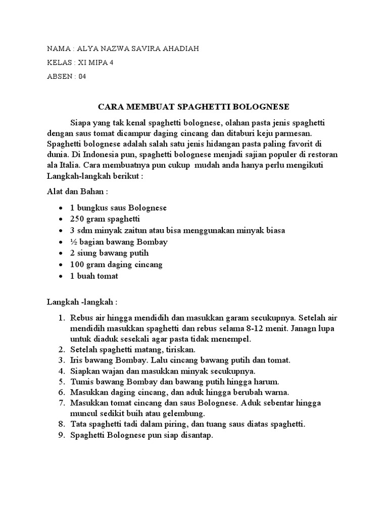 Teks Prosedur (Cara Membuat Spaghetti Bolognese) | PDF