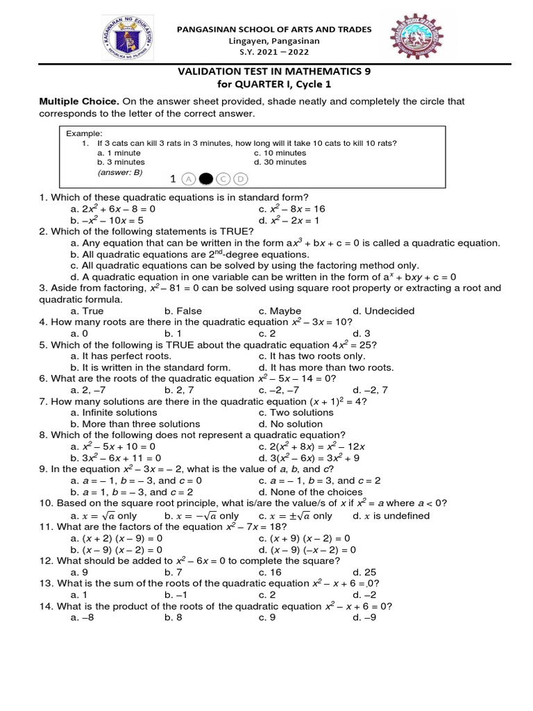 Validation Test Q1-Cycle 1 Math 9 For Students | PDF