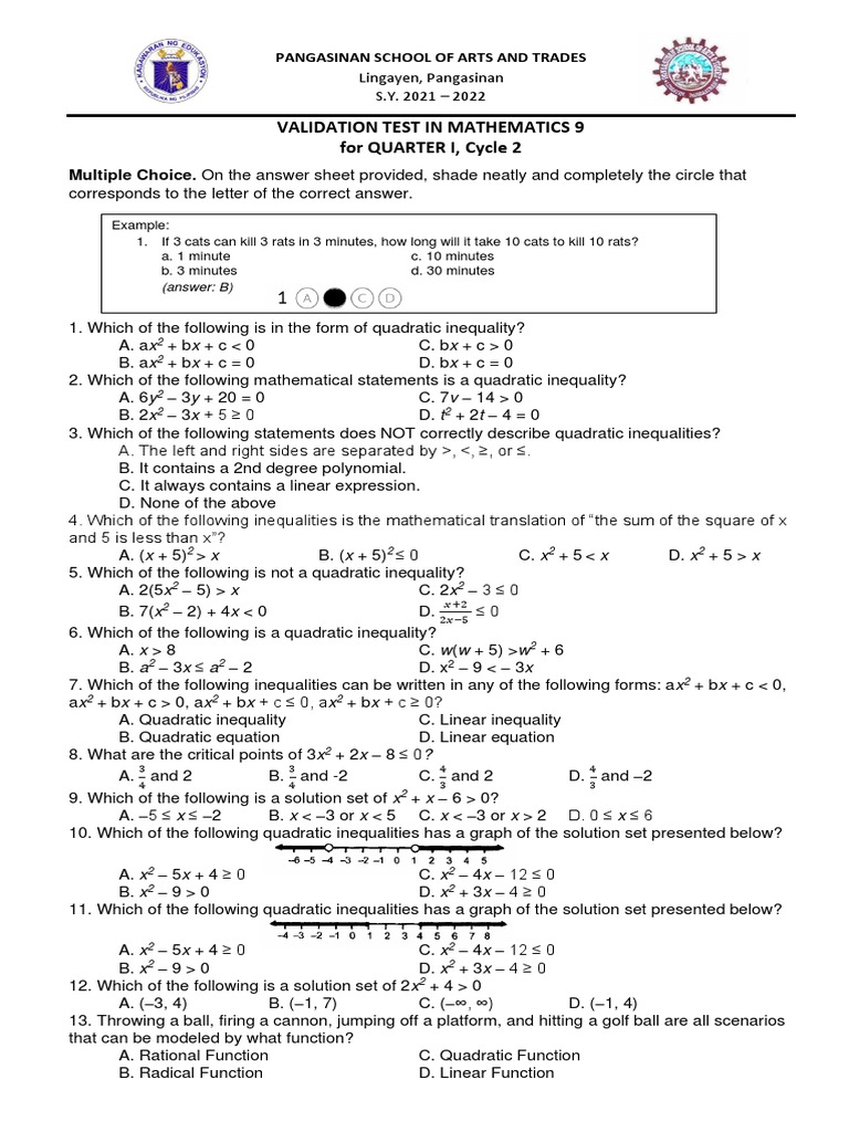 Analysis of a Mathematics Validation Test for Grade 9 Students Focusing ...