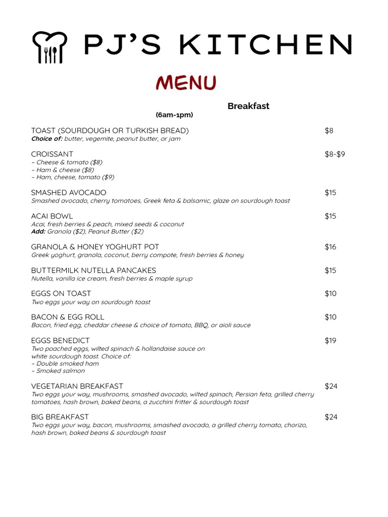 Pjs Kitchen Menu | PDF | Salad | Sauce