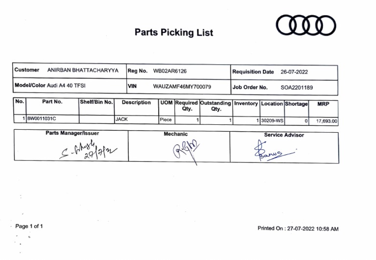 Part Picking List - 6126 | PDF