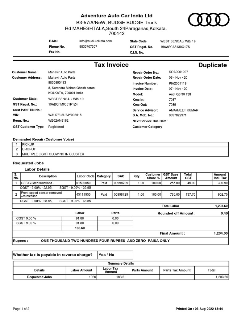Audi Q3 Service Tax Invoice | PDF | Land Vehicles | Automotive Industry