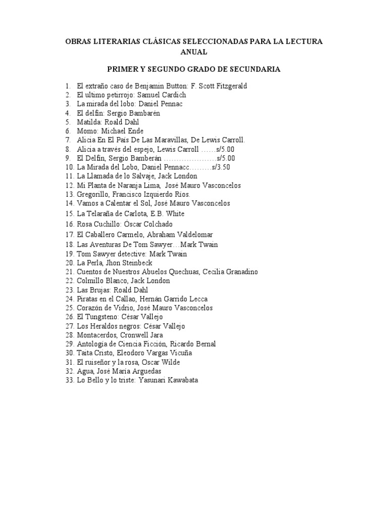 OBRAS LITERARIAS CLÁSICAS SELECCIONADAS PARA LA LECTURA ANUAL | PDF ...