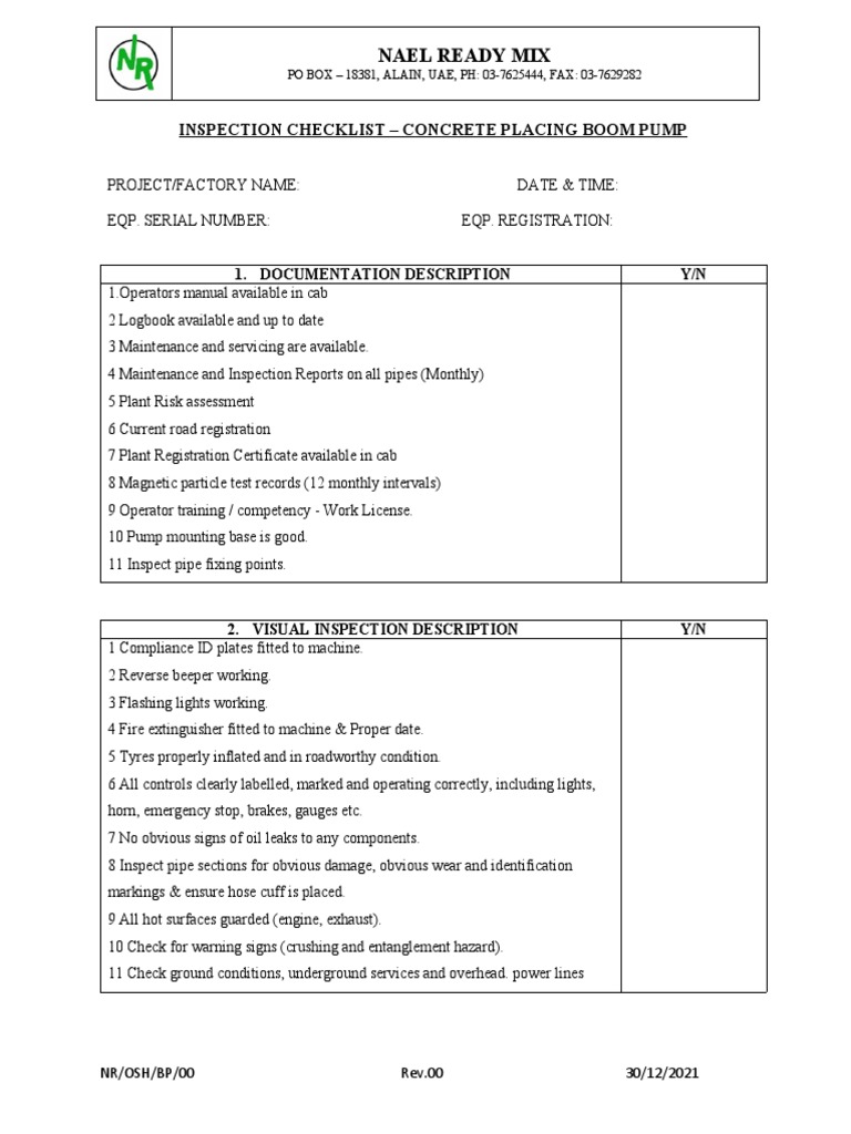 Concrete Pump Inspection Checklist | PDF | Manufactured Goods