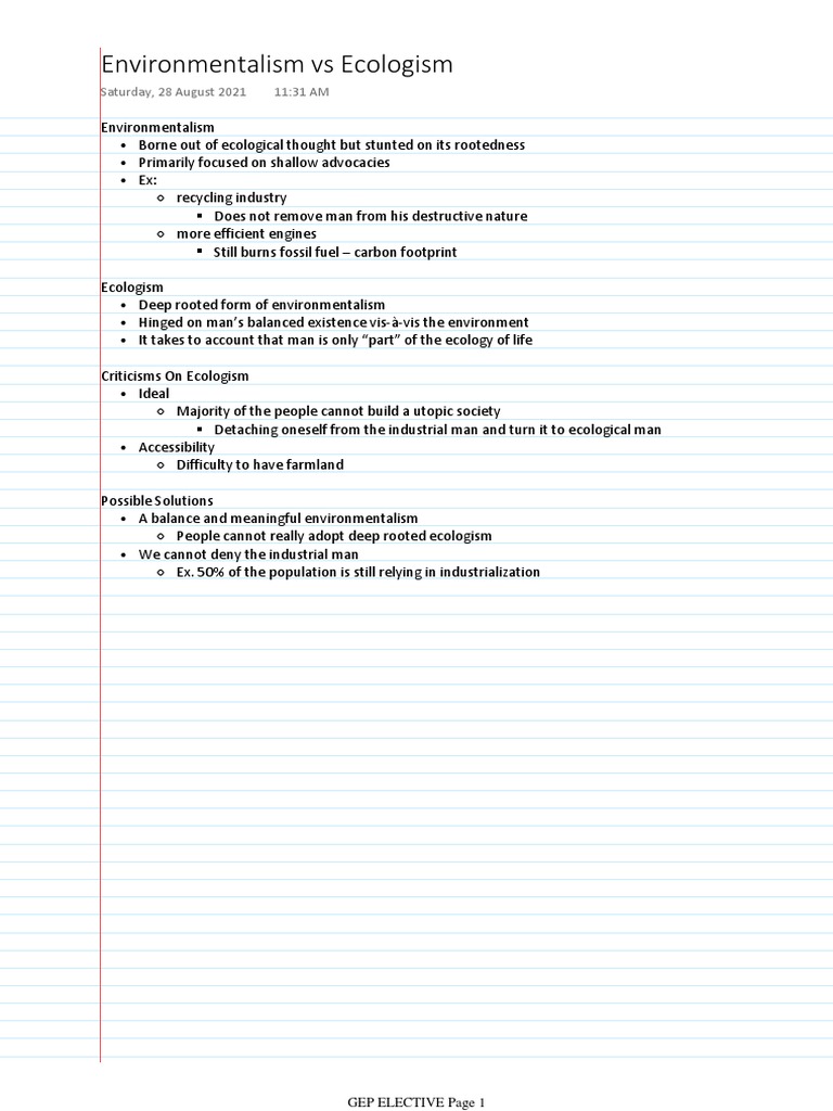 Environmentalism Vs Ecologism 1NOTE | PDF | Social Science | Science ...