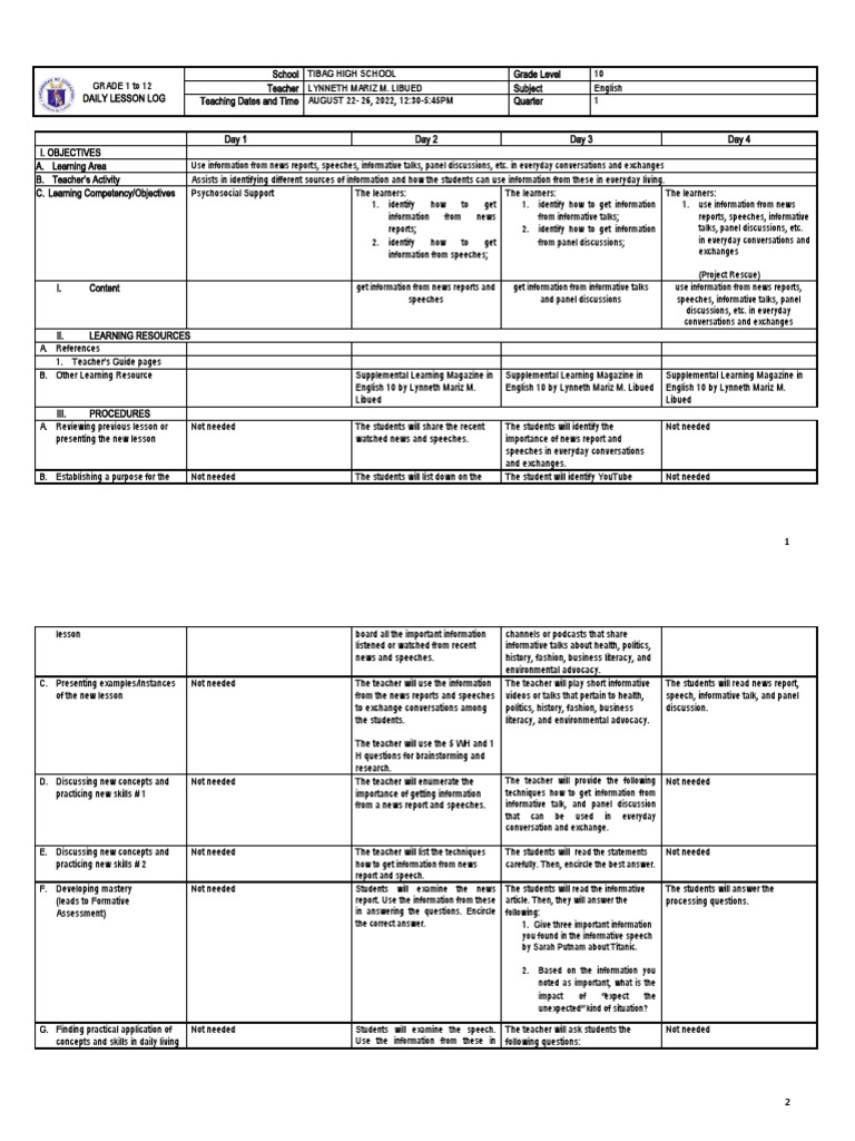Daily Lesson Log for English 10 | PDF | Learning | Teachers