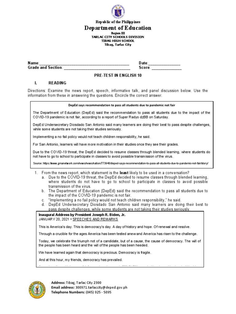 English 10 Pre-Test Assessment | PDF | Graphics | Fluency