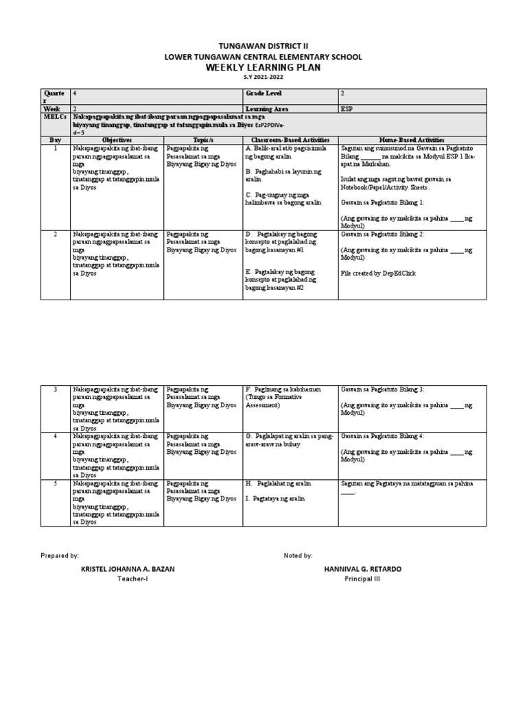 Q4-W2 Weekly-Learning-Plan New | PDF