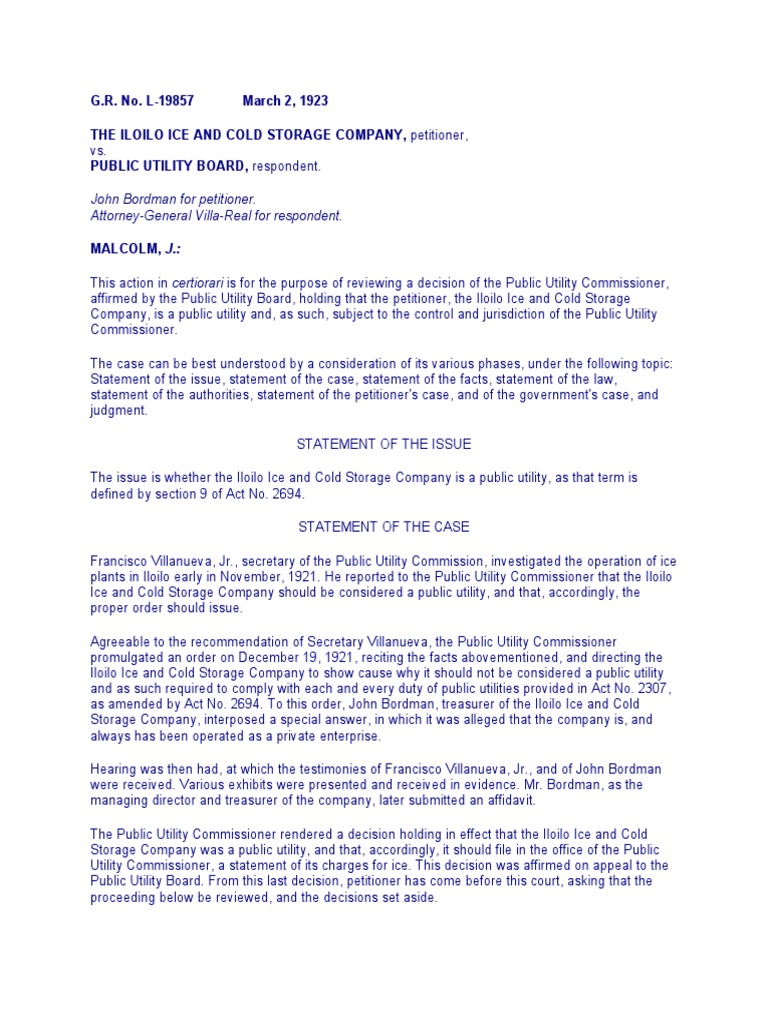 The Iloilo Ice and Cold Storage Company vs. Public Utility Board | PDF ... The Iloilo Ice and Cold Storage Company vs. Public Utility Board | PDF ...