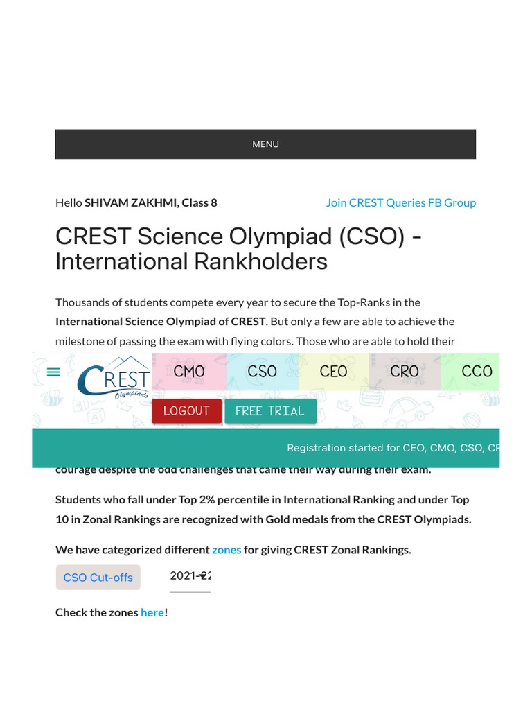 List of Top International Rank Holders in Various Classes for CREST ...