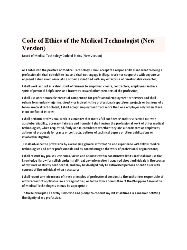 Code of Ethics of The Medical Technologist | PDF | Dignity | Employment