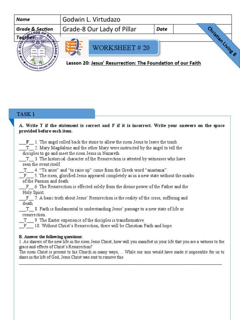Jesus' Resurrection Worksheet | PDF | Resurrection Of Jesus | Jesus