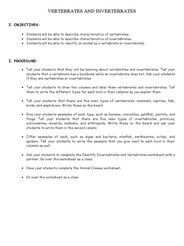 Grade 6 Lesson on Vertebrates vs. Invertebrates | PDF