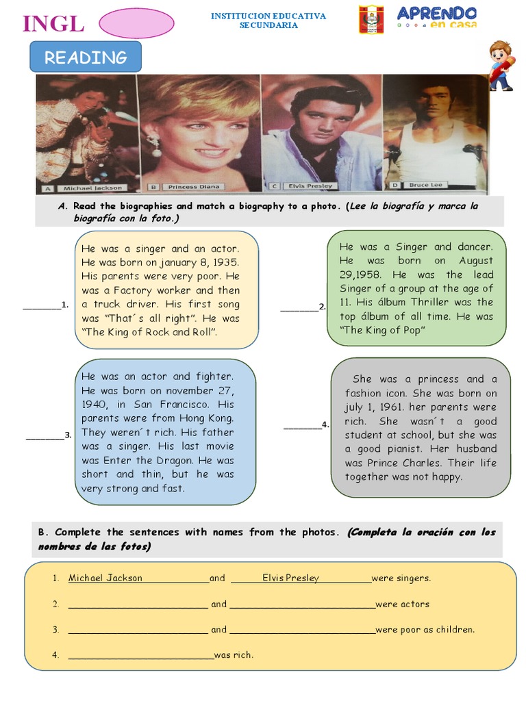 Reading Comprehension: Matching Biographies to Photos | PDF