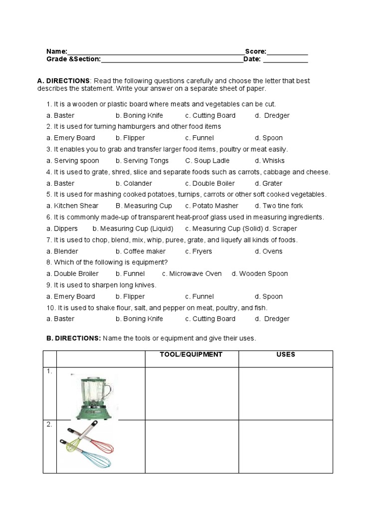 TLE - Cookery 9 Quarter 1 Week 1 Quiz | PDF