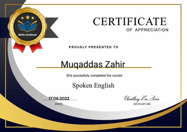 Muqaddas Zahir Certificate Spoken English | PDF