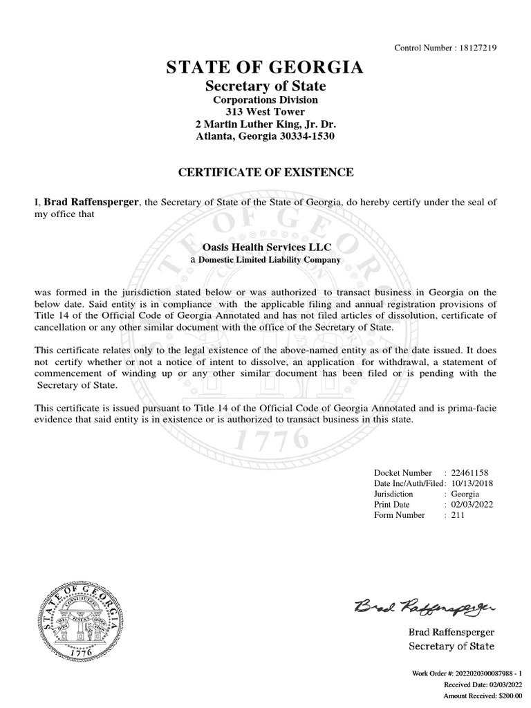 Certificate of Existence - 2022 | PDF | Limited Liability Company | Legal Concepts