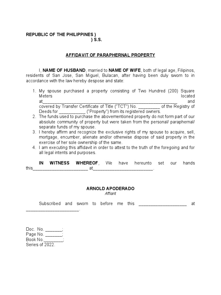 Affidavit Paraphernal Property | PDF