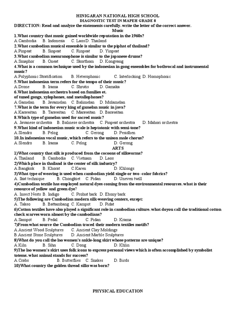 Hinigaran National High School MAPEH Test | PDF | Physical Fitness ...