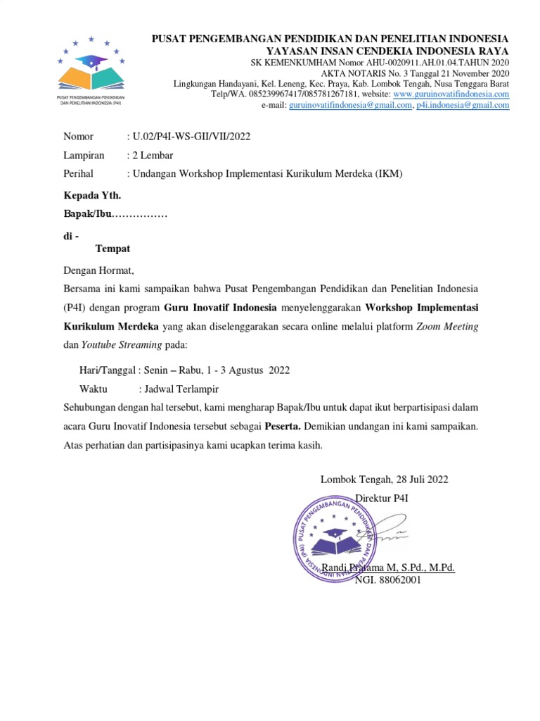 Undangan Workshop Implementasi Kurikulu Merdeka | PDF