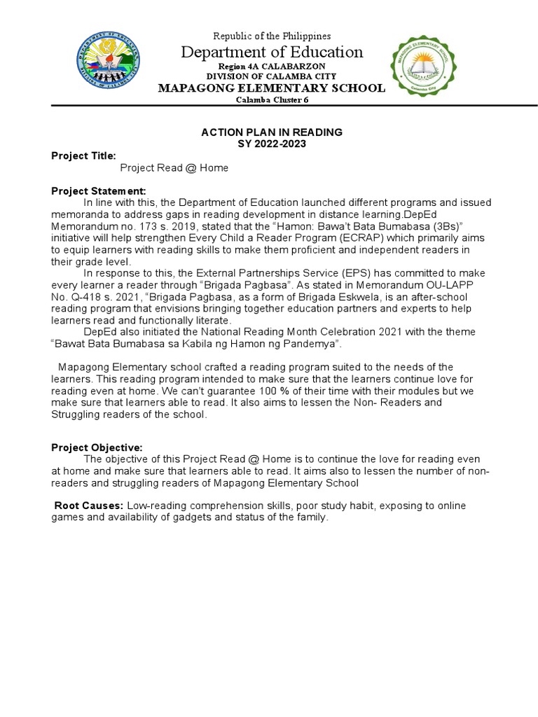 Action Plan in Reading Project Read at Home - 2021-2022 | PDF | Learning | Cognition