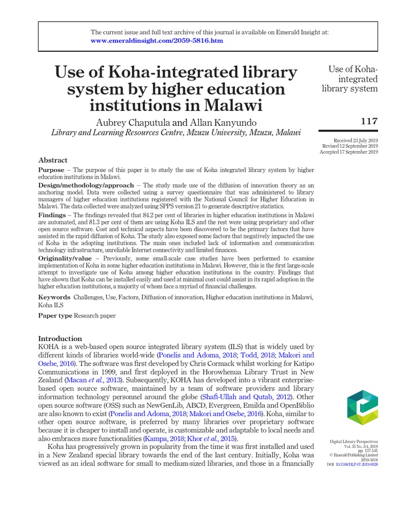 Use of KOHA Integrated Library System by HEI in Malawi | PDF ...