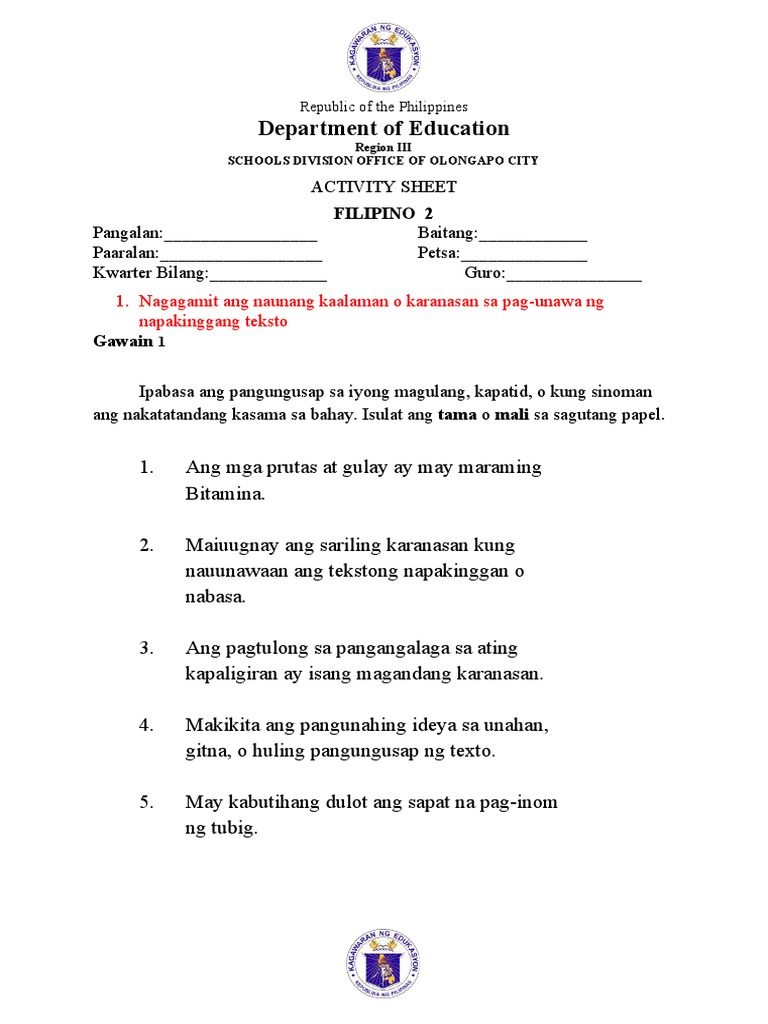 Fil Activity Sheets q1wk1 | PDF