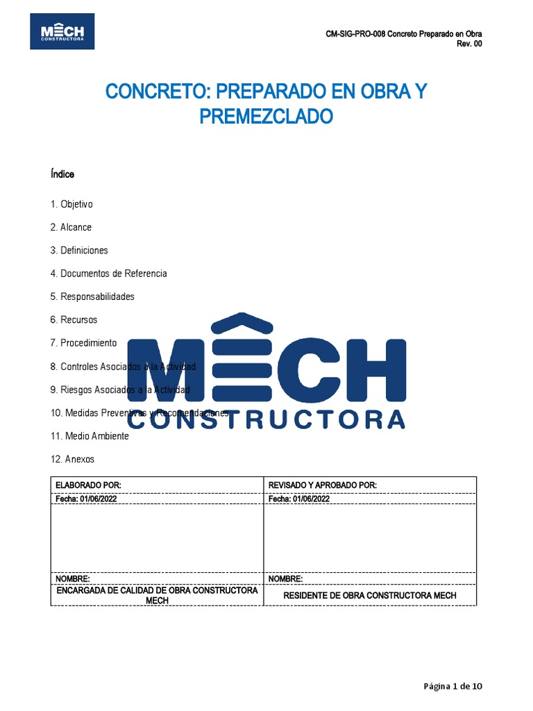 CM-SIG-PRO-008 CONCRETO PREPARADO EN OBRA Y PREMEZCLADO Rev. 001 | PDF ...