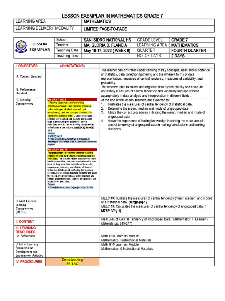 LESSON-EXEMPLAR-IN-MATH-7, May 16, 2022 | PDF | Constructivism ...